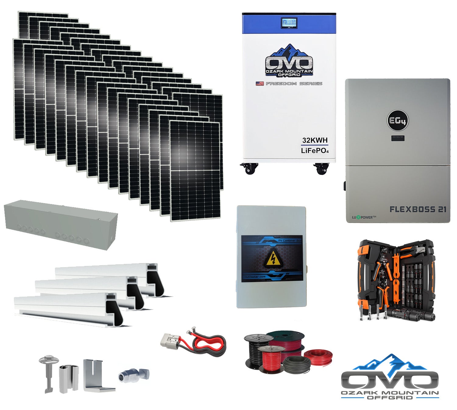 17KW Complete Offgrid Solar Kit + EG4 FlexBOSS21 + 32KW OMO 48V Freedo ...