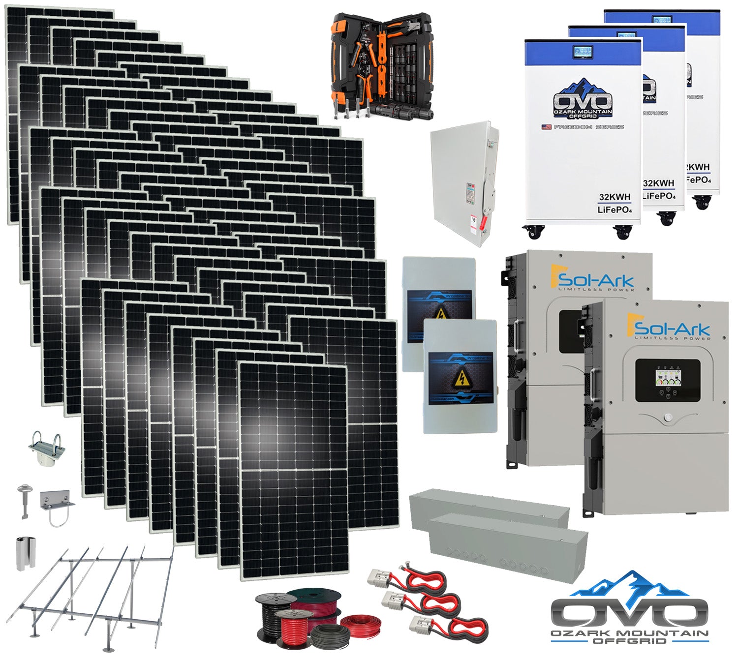 30KW Complete Offgrid Solar Kit + 2x 15K Sol-Ark Inverter + 3x 32kWh O ...