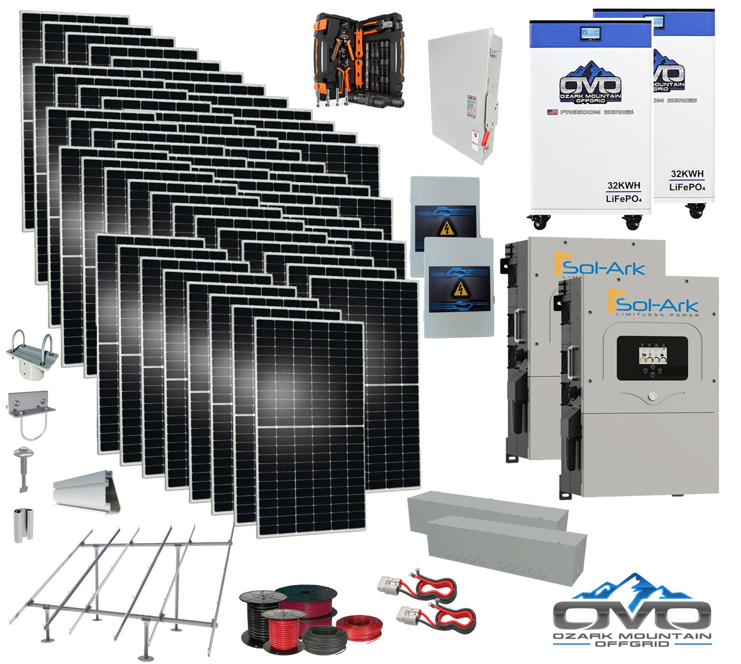 30KW Complete Offgrid Solar Kit + 2x 15K Sol-Ark Inverter + 2x 32kWh O ...