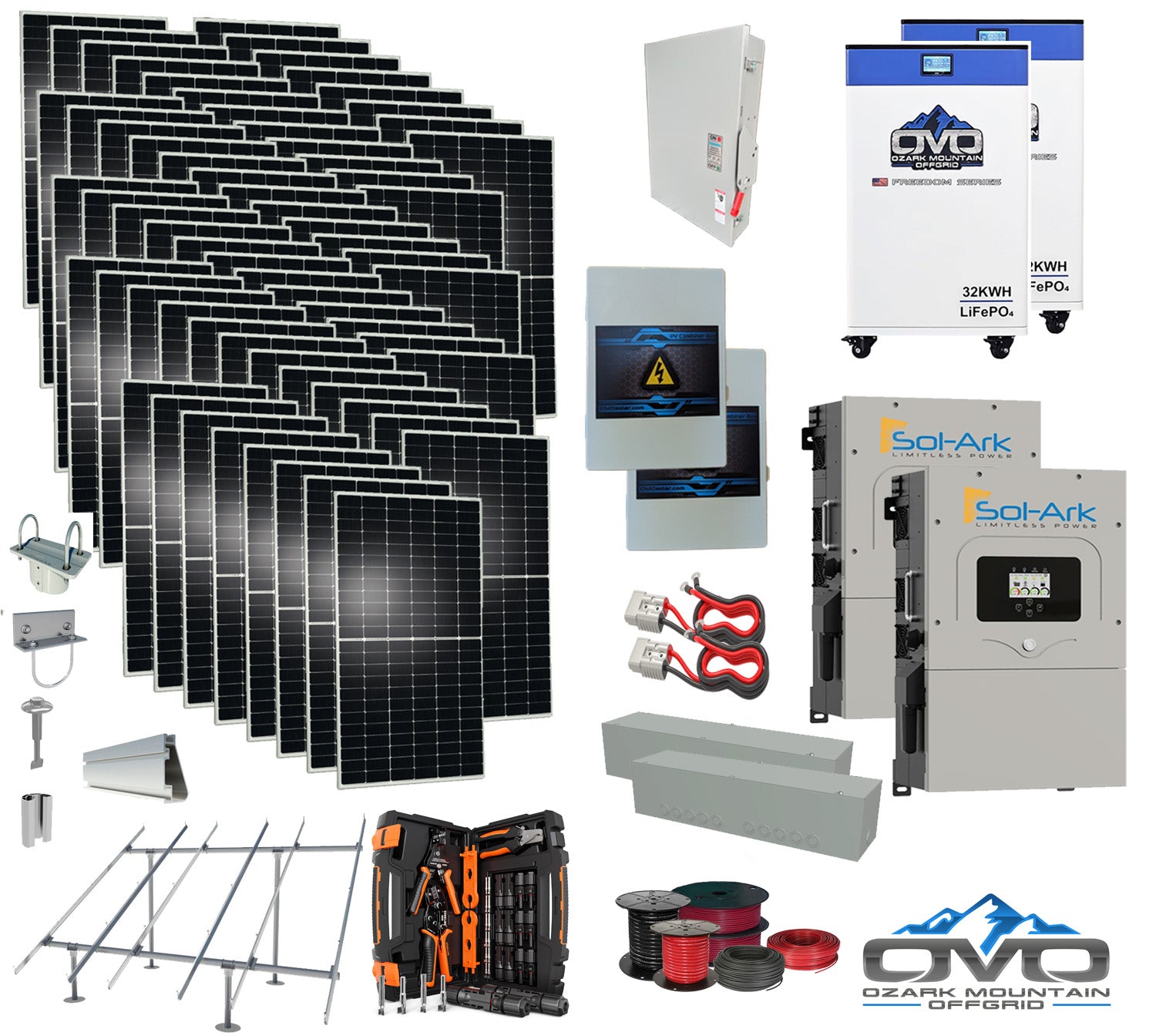 35KW Complete Offgrid Solar Kit + 2x 15K Sol-Ark Inverter + 2x 32kWh O ...