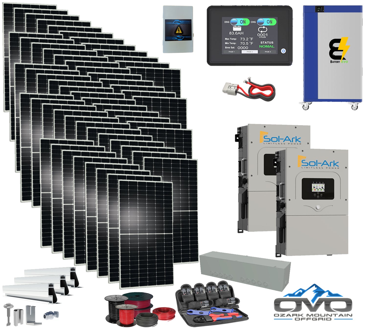 30KW Complete Offgrid Solar Kit + 2x 15K Sol-Ark Inverter + 19KW Lithi ...