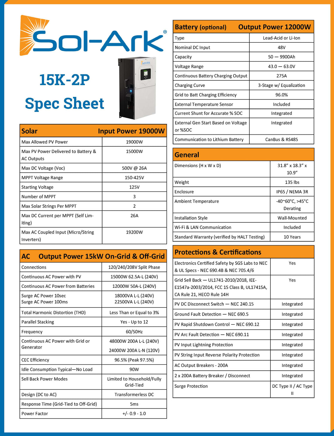 Sol-Ark 15K 120/240V All in ONE Pre-Wired Offgrid / Hybrid Inverter 10 ...