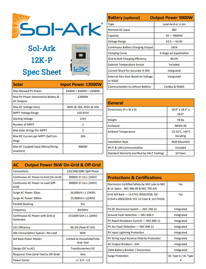 Sol-Ark 12K 120/240V All in ONE Pre-Wired Offgrid / Hybrid Inverter 10 ...